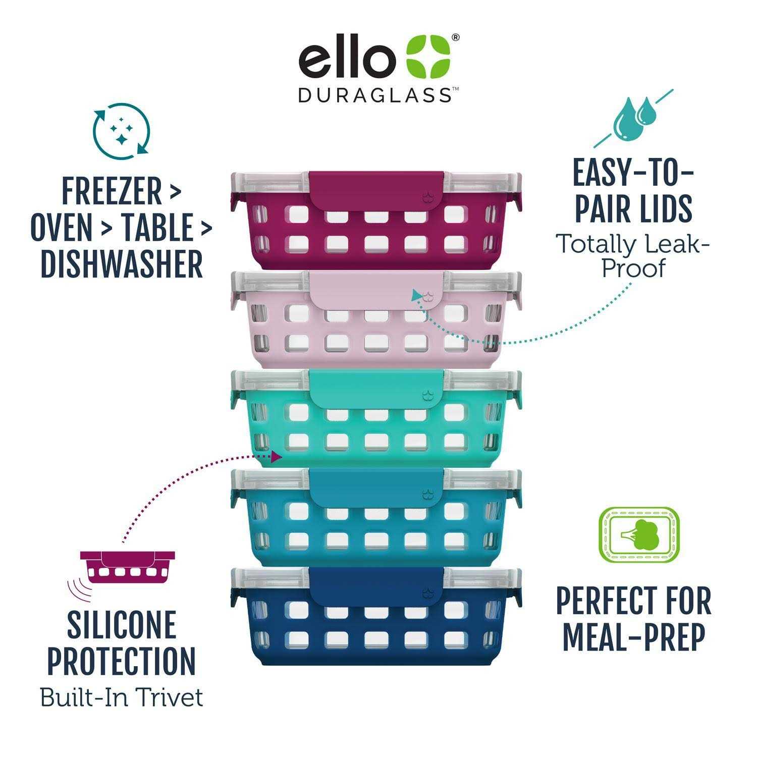 Ello Glass 3.4 Cup 27 Ounce Duraglass Food Storage Meal Prep Container ...