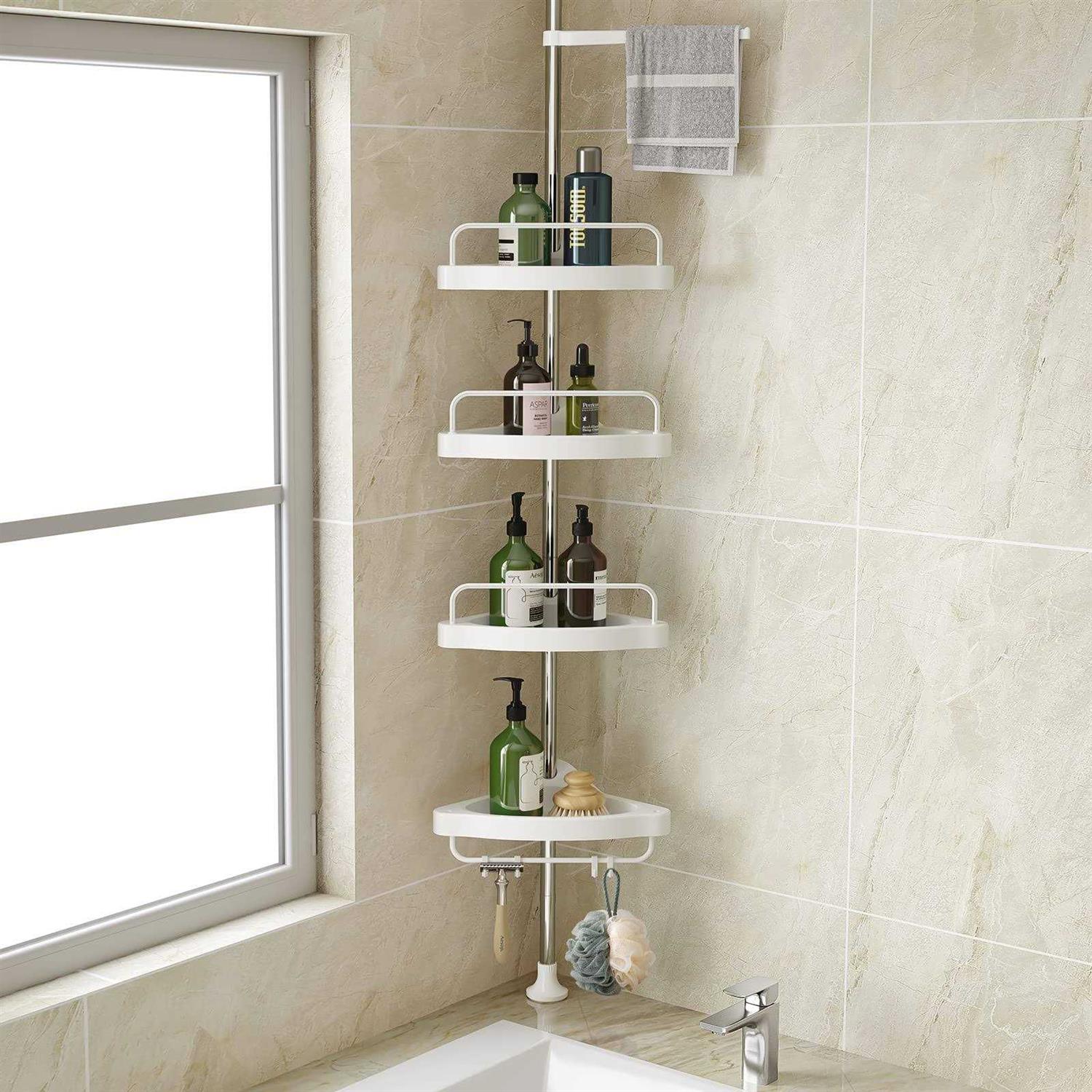 HAMITOR Corner Shower Caddy Tension Pole Adjustable Stainless Steel Shower Organizer with 4 Tier ...
