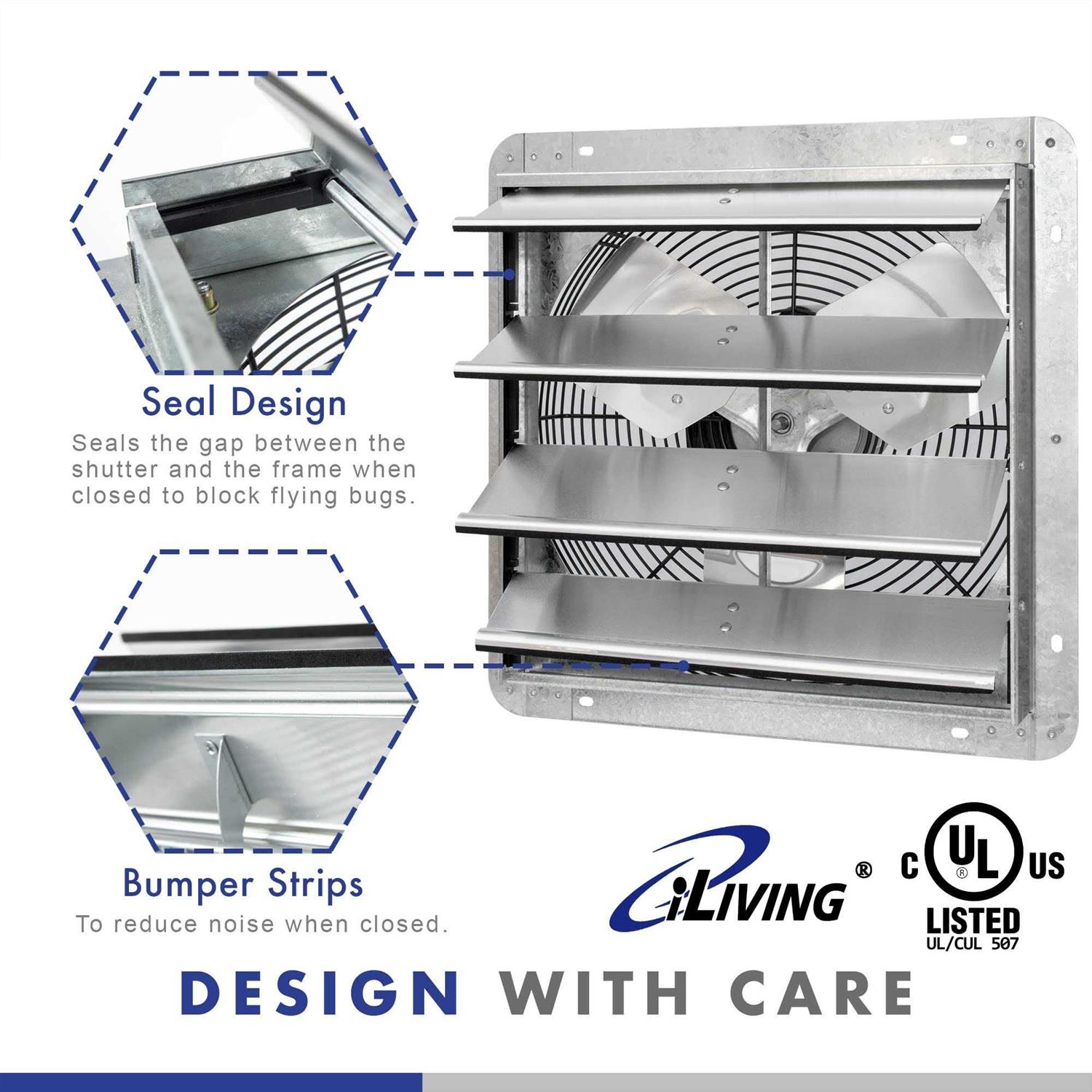 iLIVING 16 in. Wall Mounted Shutter Exhaust Fan, Automatic Shutter ...